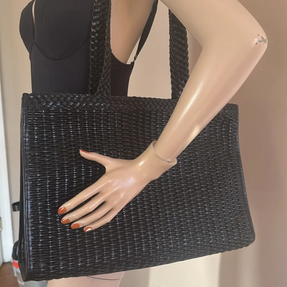 Cem | Bags | Cem Black Leather Woven Zipper Tote Bag | Poshmark